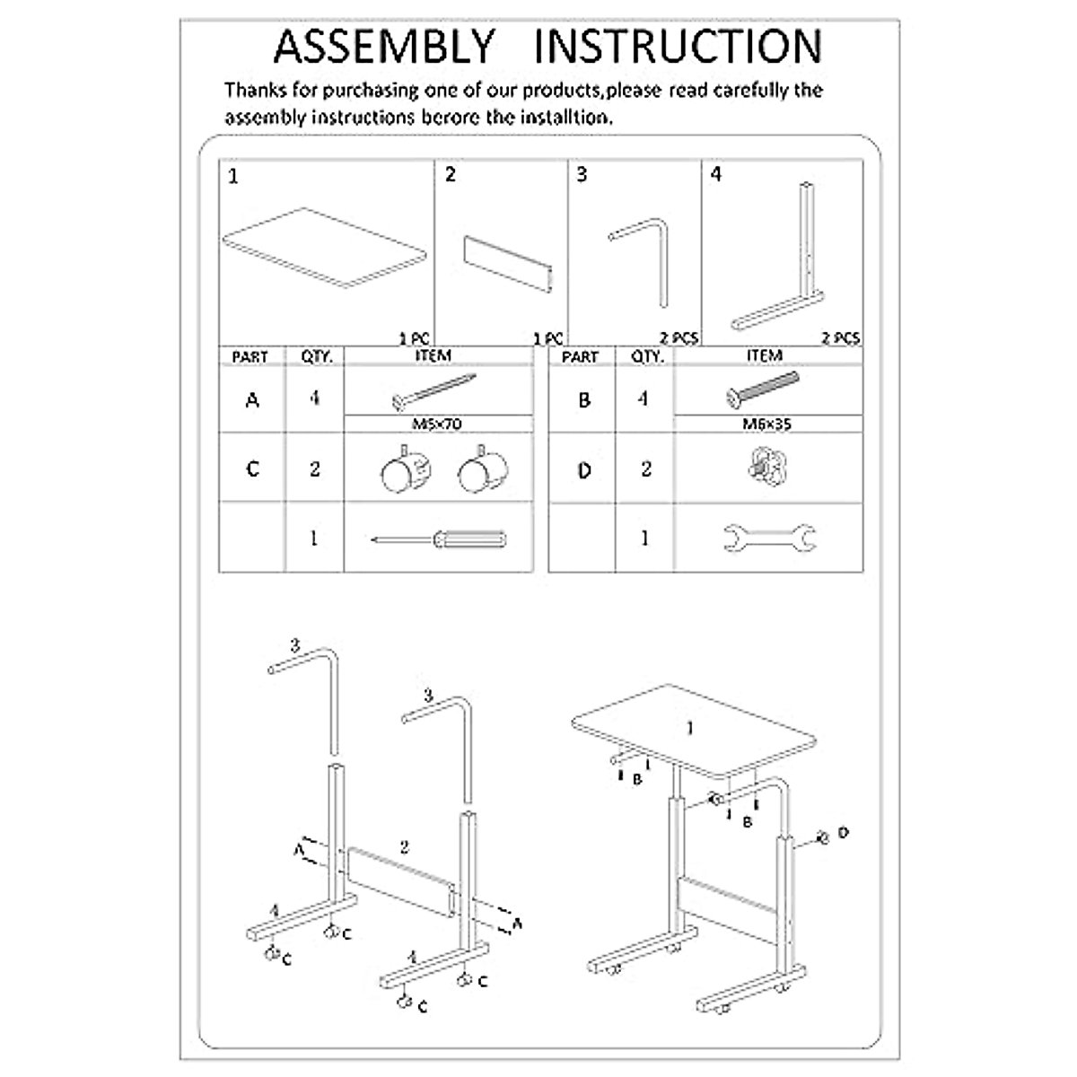 Lifting Mobile Computer Desk Standing Adjustable Height Rolling Laptop Small Desks for Small Spaces Foldable Workstation Writing Desk Collapsible Study Table Corner Side Table,Easy to Assemble,White
