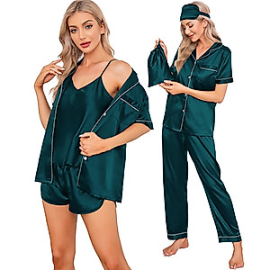 SWOMOG Womens Silk Satin Pajamas Sets 7pcs Sleepwear Sexy Cami Shorts Set and Button Down Short Sleeve Satin Pjs Deep Green Large