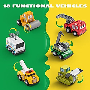 JOYIN 18 Piece Pull Back City Cars and Trucks Toy Vehicles Set Model Car, Friction Powered Die-Cast Cars for Toddlers, Boys, and Girls’ Educational Play, Easter Basket Stuffers Egg Fillers