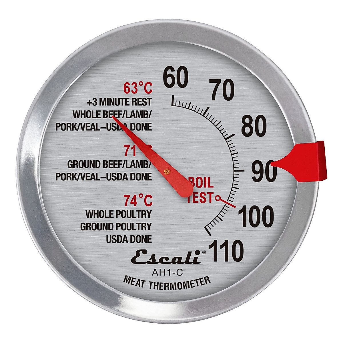 Escali AH1 Stainless Steel Oven Safe Meat Thermometer, Extra Large 2.5-inches Dial, Temperature Labeled for Beef, Poultry, Pork, and Veal Silver NSF Certified