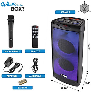 Pyle Portable Bluetooth PA Speaker System - 500W Rechargeable Indoor Outdoor Stereo w/Dual 8” Woofer & Tweeter, Audio Recording, Wireless Microphone, Flaming Light, Radio, MP3/USB/Micro SD, Remote