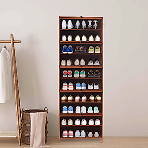 RIQUIPAI 10 Tier Shoe Storage Rack, Tall Bamboo Shoe Cabinet with Concealed Sliding Door & Raised Legs, Freestanding Shoe Rack for Living Room, Bedroom, Apartment, Entryway