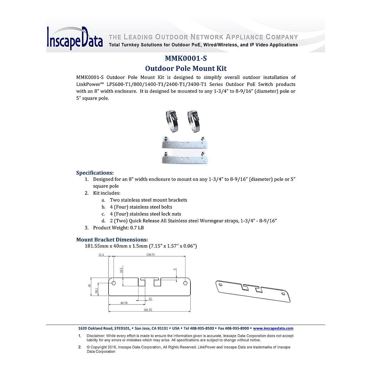 LinkPower™ Pole Mount Kit MMK0001-S for LPS840AF-T1, LPS940-T1, & LPS2400-T1 Outdoor PoE Switch Models