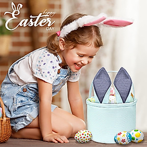 Easter Baskets Seersucker Bunny Bag for Kids, Cute Easter Bucket Bags with Rabbit Ears Stripe Canvas Toys Bucket Tote for Easter Eggs Hunting Candies Personalized Easter Party Gifts(Cyan)
