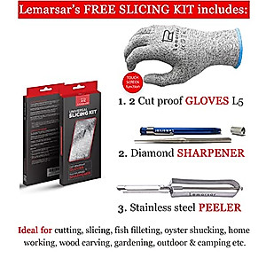 Lemarsar's Large Salad SPINNER BUNDLED with PEELER, SHARPENER and Uncut GLOVES - the Ultimate Tool for Crispy Lettuce, Perfectly washed Vegetables and Fruits - 4 ITEMS