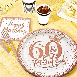 GREPARPY 60th Birthday Decorations Women Tableware - Rose Gold 60 And Fabulous Birthday Decorations Dinnerware, Sixty Birthday Plate, Napkin, Fork, Her 60-Year-Old Birthday Party Supplies | Serve 24