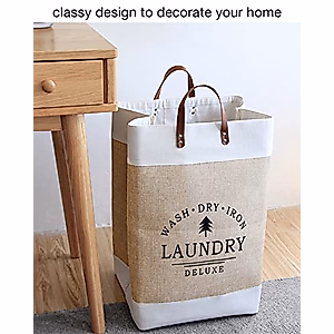 AMZTOP Linen Clothes Hamper Patchwork Collapsible Laundry Basket with Leather Handles for Storage Toys and Clothing in Bedroom, Bathroom Foldable Laundry Hamper 68L