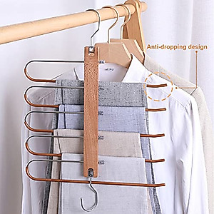 2 Pack Magic Pants Hangers, Space Saving Pant Hangers for Closet Organizer, Heavy Duty Wooden Trousers Hangers (Golden)