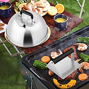 Leonyo 12 Inch Melting Dome & Burger Press, Round Basting Cover with Adjustable Vent, 5.5" Square Smash Bacon Griddle Press, Stainless Steel Flat Top Grill Accessories for Outdoor Kitchen BBQ Camping