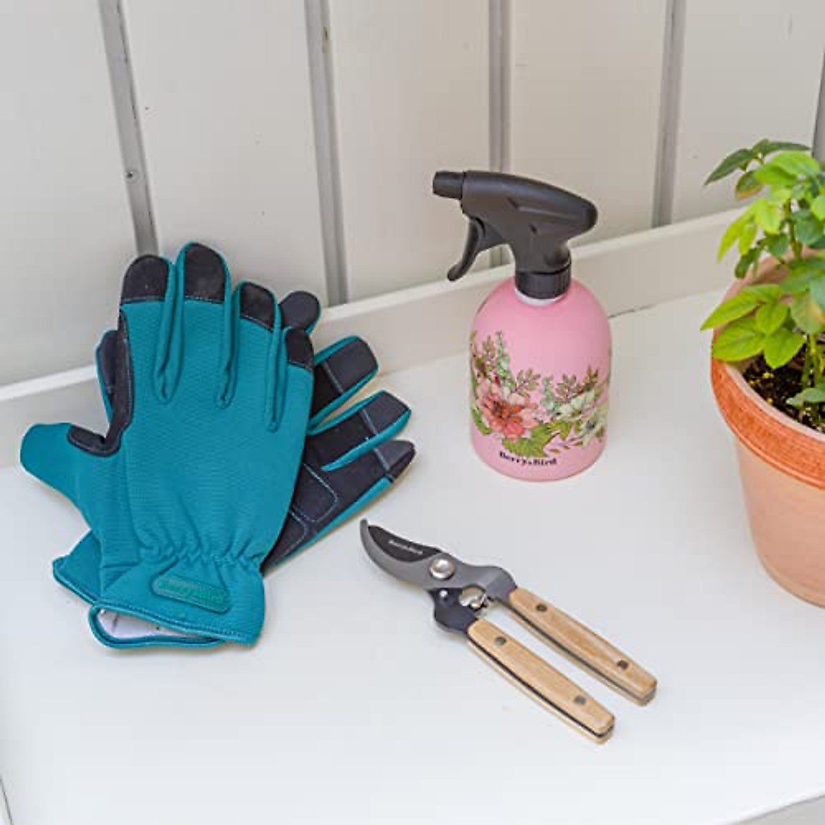 Berry&Bird Garden Tool Set, 3 PCS Gardening Tool Kit Includes Rose Pruning Thorn Proof Gloves, Pruning Shears with Wooden Handle and 17 Oz Pink Spray Bottle for Planting & Pruning Roses, Bonsai