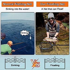 PLUSINNO Floating Fishing Net for Steelhead, Salmon, Fly, Kayak, Catfish, Bass, Trout Fishing, Rubber Coated Landing Net for Easy Catch & Release, Compact & Foldable for Easy Transportation & Storage