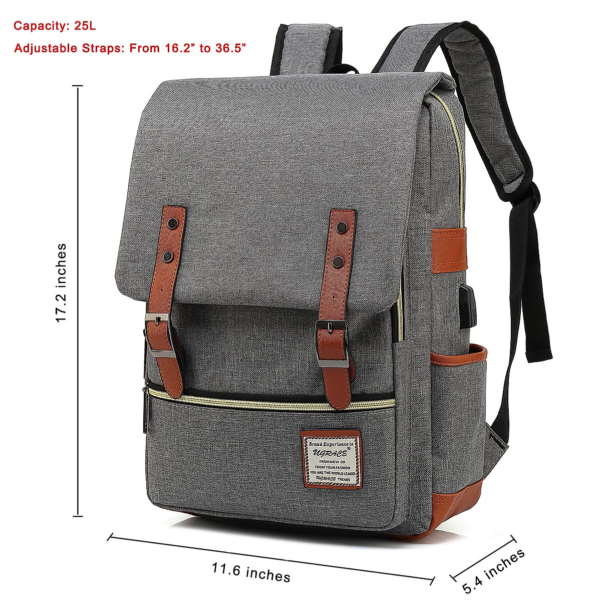UGRACE Laptop Backpack, Grey, Unisex, 15.6" Laptop Compartment, 6 Compartments, USB Charge Port, Adjustable Shoulder Strap, PU Leather Belt