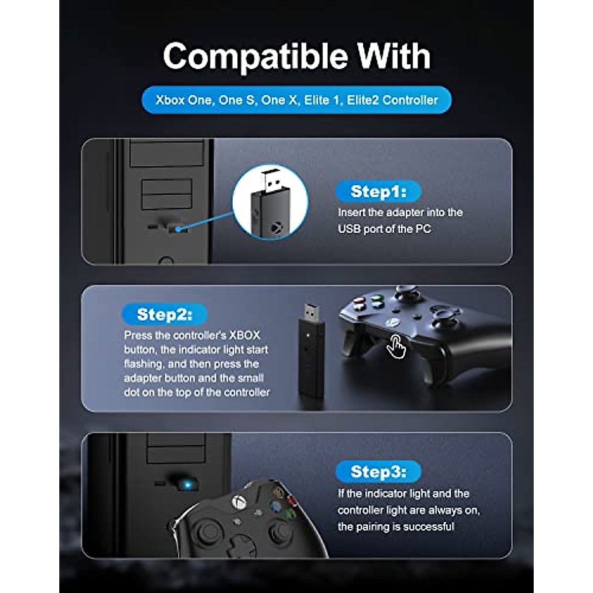 Caprioyens Wireless Adapter for Xbox One Controller Works with PC, Laptops, Tablets, Windows 7 8 10, Compatible with Xbox One, One S, One X, Elite 1, Elite 2 Controller - Low Latency (Black)
