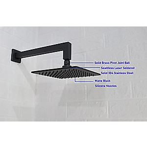 Aquaiaw Fixed Rain Fall Shower Head, Seamless Laser Soldered Solid 304 Stainless Steel, 1-Piece Construction, Wall Ceiling High Pressure Head Shower, 2.5GPM, Brass Joint (8 inch Square, Matte Black)