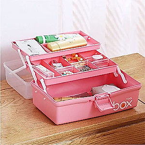 HengLiSam 12'' Three-Layer Clear Plastic Storage Case for Art Craft and Cosmetic, Multipurpose Organizer and Portable Handled Storage Box for Home, School, Office (Pink)