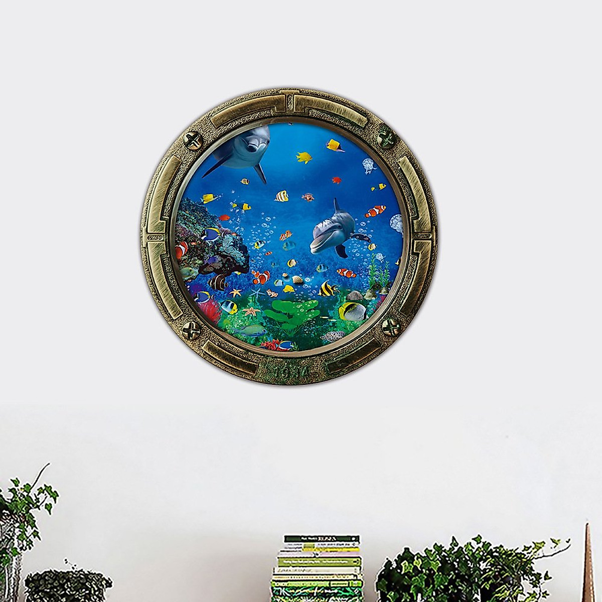 BooDecal 17 in x 17 in Dolphins Variours Tropical Fish Unsersea Series Porthole Fake Window Removable Wall Decals Swimming Sea Fish Waterproof Wall Stickers for Childrens Playroom Nursery Bathroom