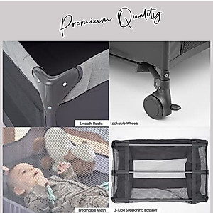 QUTANIX Baby Bassinet Bedside Bassinet Sleeper, 5-in-1 Pack and Play with Full-Size Bassinet,Baby Playard with Changing Table,Storage Shelf,Music Mobile with Soft Toys for Newborn to Toddlers (Grey)
