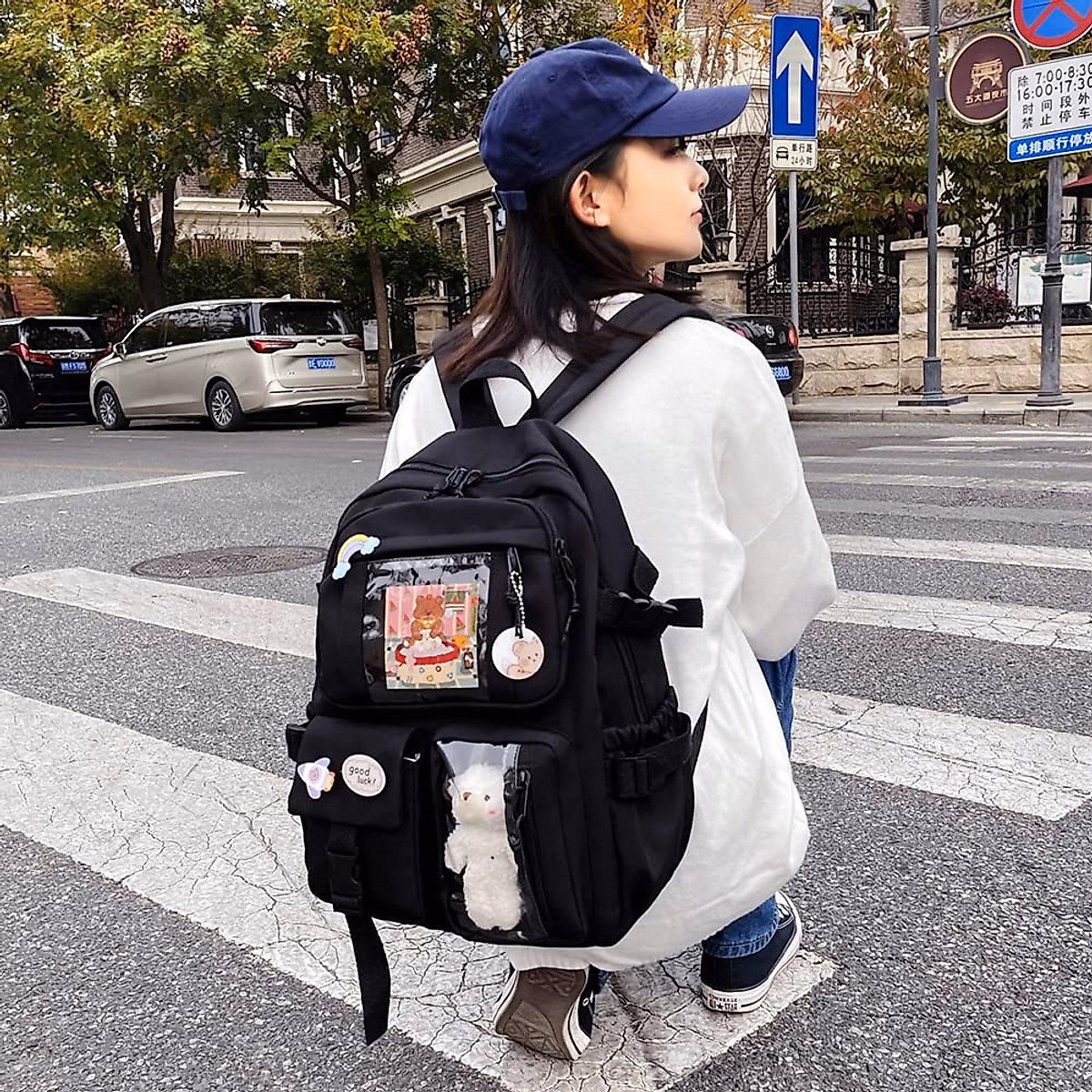 Kawaii Backpack, with Kawaii Pin and Cute Accessories Backpack Cute Aesthetic Backpack for School Capacity Rucksack(02-Black)