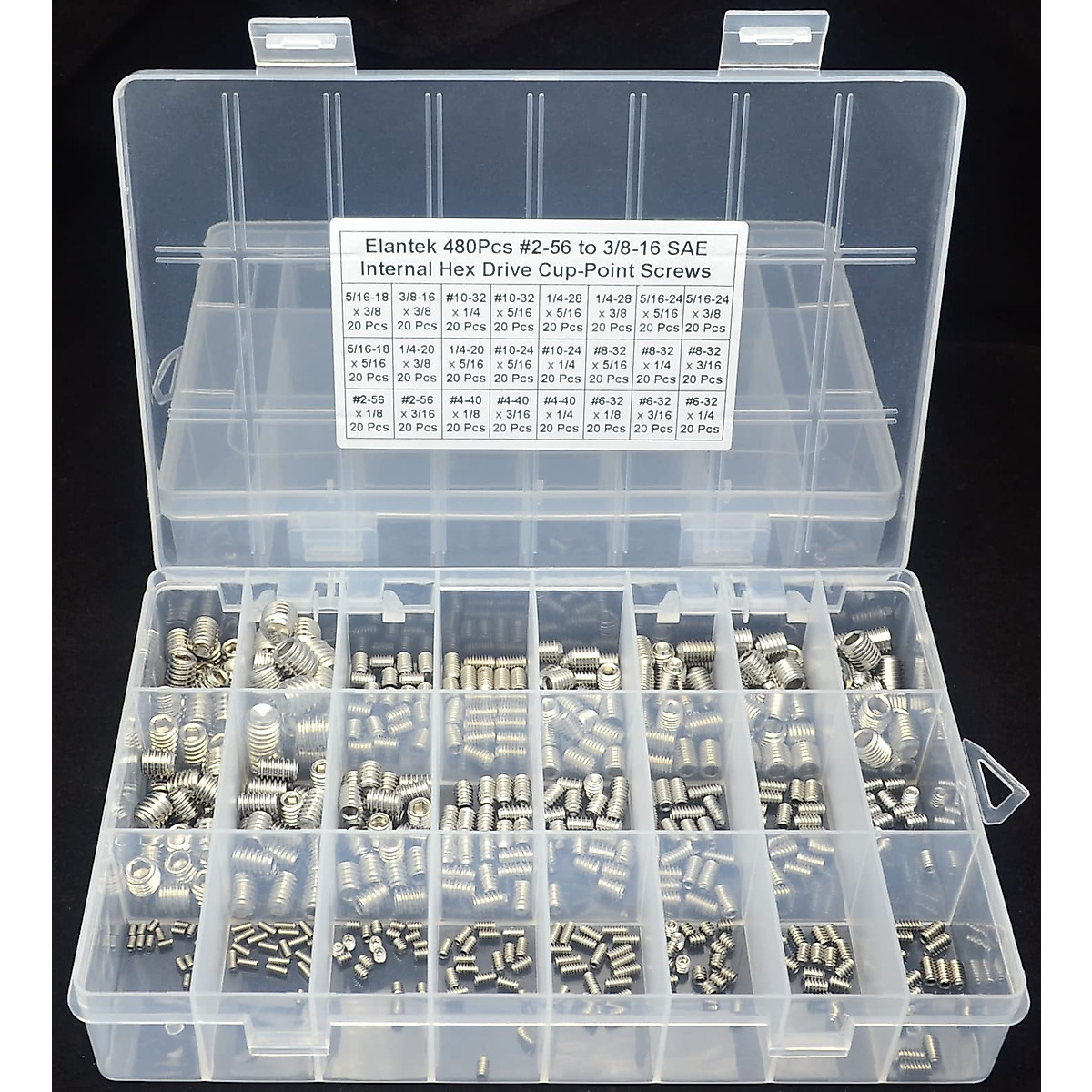 Elantek 24 Kinds #2-56 to 3/8-16 SAE 304-Stainless Steel Internal Hex Drive Cup-Point Set Screws Assortment Kit