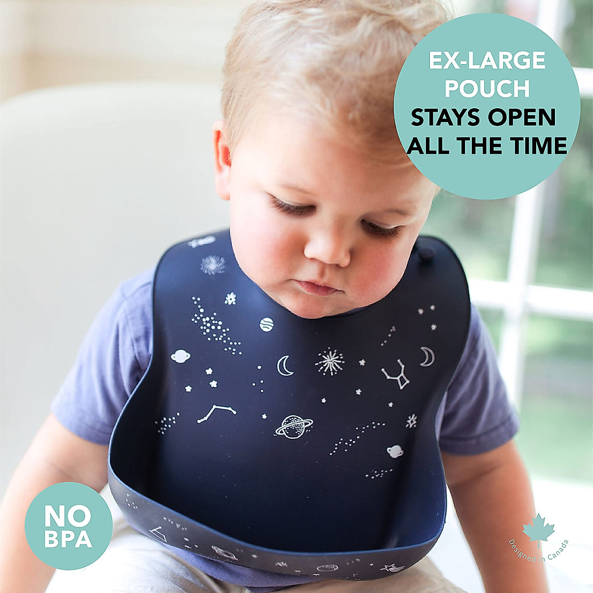 Loulou Lollipop Soft, Waterproof Silicone Feeding Bib for Babies and Toddlers 3 to 36 Months, Easy to Clean, Adjustable Fit and Catch-All Pouch - Space