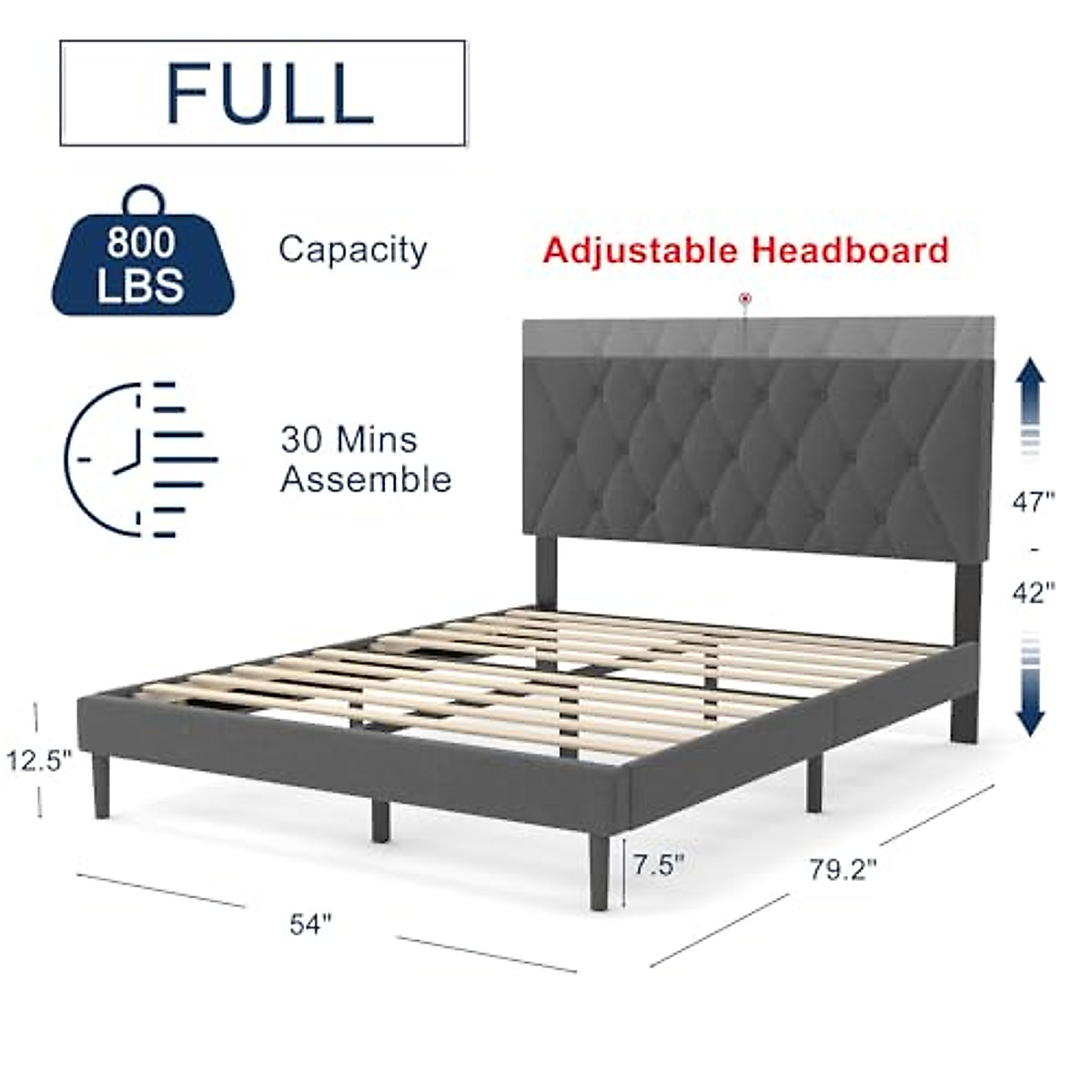 Molblly Full Size Bed Frame with Adjustable Headboard, Linen Fabric Wrap, Strong Frame and Wooden Slats Support, No Box Spring Needed, Non-Slip and Noiseless, Easy Assembly, Dark Grey