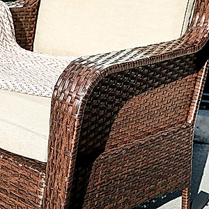 SUNSITT Outdoor Resin Wicker Rocking Chair with Olefin Cushions, Patio Yard Furniture Club Rocker Chair, Brown Wicker & Beige Cushions