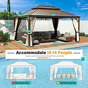 Hardtop Gazebo 12' x 16' W/Steel Double Roof, Anti-Rust Coating Aluminum Frame Permanent Outdoor Waterproof Pavilion w/Curtains & Netting, Hard Top Gazebo for Patio Backyard Garden Lawn Parties, Brown