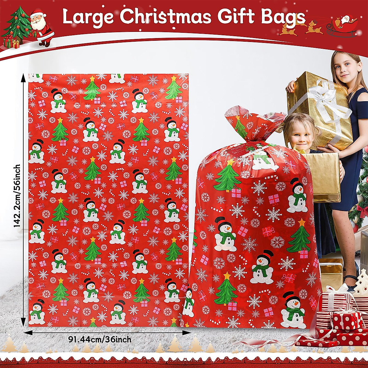 Yunaeduo Extra Large Christmas Gift Bag - 2 Pcs Large Christmas Gift Sacks 56"x36" - Jumbo Christmas Gift Bags for Giant Gifts - Heavy Duty Plastic Christmas Bags - Large Xmas Gift Bags for Presents