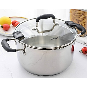 Rorence Stainless Steel Stock Pot with Lid: 6 Quart Stockpot Pasta Pot with Two Side Spouts, capsule Bottom, Strainer Glass Lid