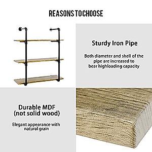 YU YUSING 3 Tier Industrial Pipe Wall Shelf, Rustic Floating Bar Shelves, Wood and Metal Bookshelves for Bedrooms, Bathroom and Kitchens Shelving