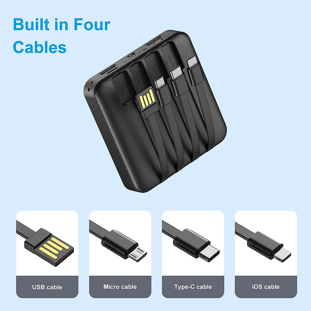 Solar Power Bank 12000mAh,Small Solar Charger Built in 4 Cables,USB C Input/Output,Dual Flashlight External Battery Portable Charger Power Bank for iPhone15/14/13/12/11/10/9/8,Tablet,Samsung (black)