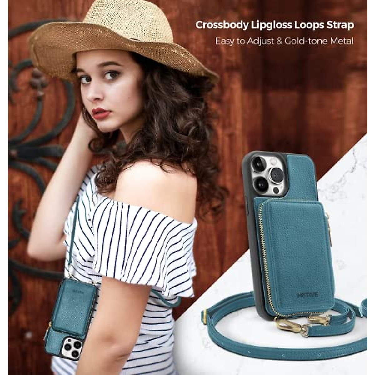 MOTIVE for iPhone 14 Pro Max Wallet Case Designed in New York, Crossbody Phone Case for Apple iPhone 14 Zipper Purse Case Wallet with RFID Blocking Card Holder | 6.7" Blue Teal - Fancy Series