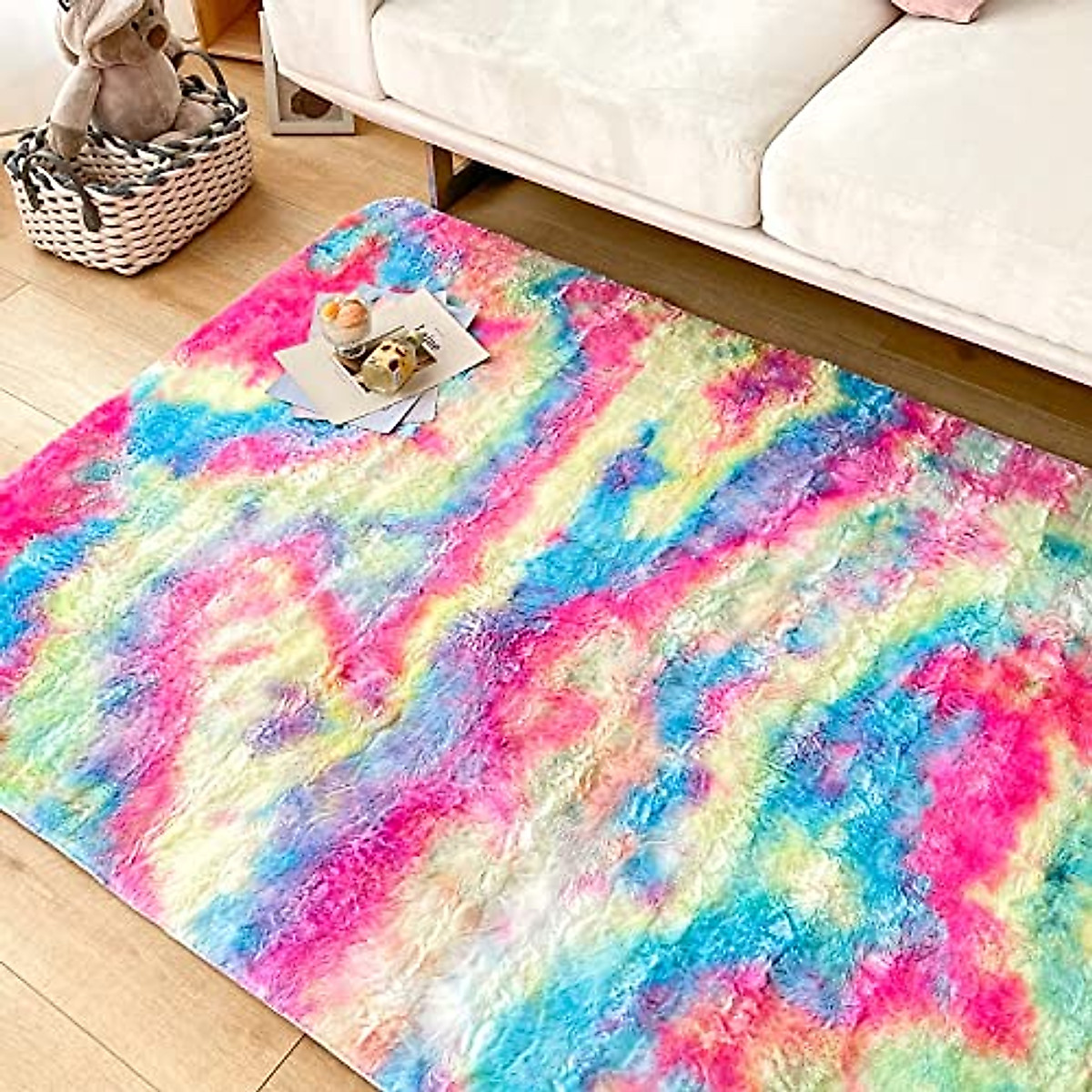 NEWCOSPLAY Faux Fur Area Rug Rainbow Tie Dye Carpet Playing Mat for Girls Bedroom Living Room Home Décor (4' x 5.3', Dark Rainbow)