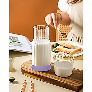 Bedside Carafe with Cup, 600ml Bedside Water Carafe Set Bottle Water Jug, Clear Glass Mouthwash Container Decanter, Ribbed Night Water Carafe with Glass Cup for Nightstand, Guest Bedroom, Bathroom