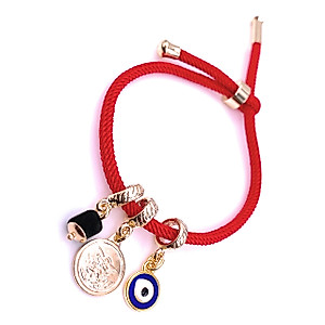 LESLIE BOULES Red Charm Bracelet Saint Michael Archangel Medal Genuine Azabache Stone and Blue Evil Eye Pendant