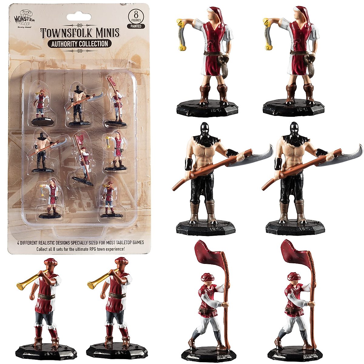 Monster Townsfolk Mini Fantasy Figures - 8pc Hand-Painted Authority Non Player Character NPC Miniatures - 1" Hex-Sized Compatible with DND Dungeons Dragons Pathfinder RPG Tabletop Game