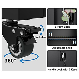 GREATMEET Metal Storage Cabinet with Locking Doors and Adjustable Shelf, Folding Filing Storage Cabinet with Wheels, Rolling Storage Locker Cabinet for Home Office,School,Garage, Black