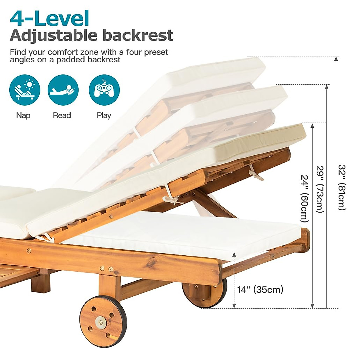 Panana Acacia Wood Chaise Lounge Patio Outdoor Folding Lounge Chair Recliner Portable Sun Lounger with Adjustable Backrest, Wheels, Cushion for Garden Poolside Deck