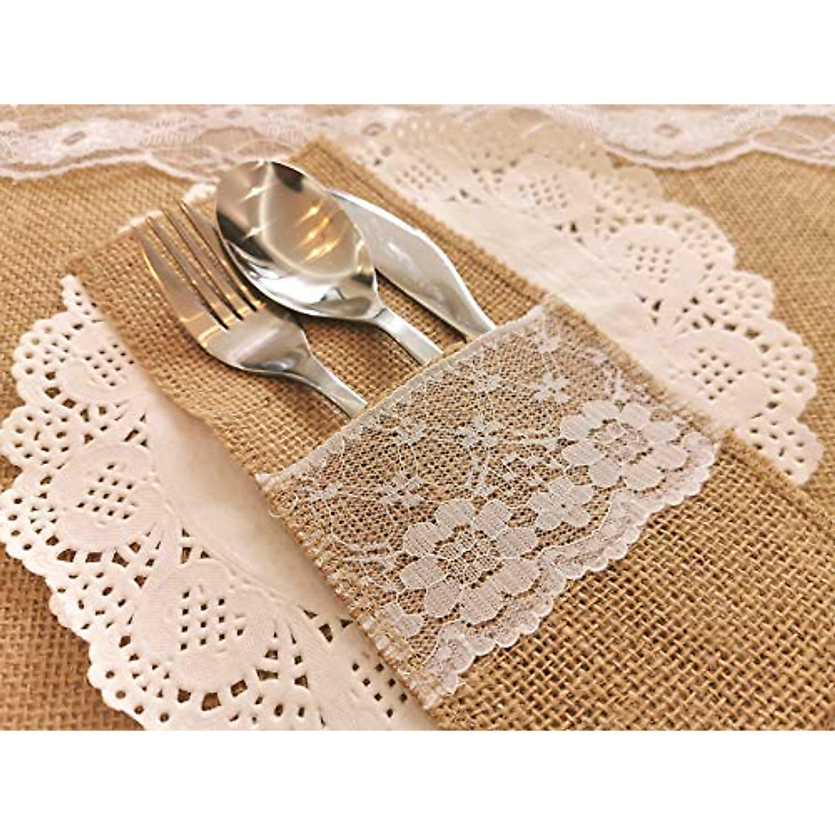 Lucky Monet 50PCS 4 x 8Inch Natural Burlap Lace Silverware Bag Utensil Holder Cutlery Pouch Hessian Knife Fork Tableware Bags for Wedding Party Restaurant Decoration (50PCS)