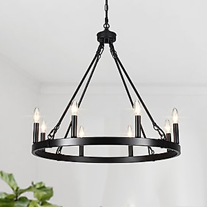 ADSENSTY Black Wagon Wheel Chandelier, 8 Lights Chandelier for Dining Room Light Fixture Round Industrial Pendant Light Fixtures for Living Room Foyer Entryway