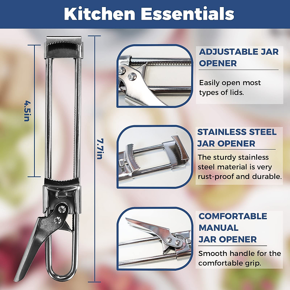 Liebedich Jar Opener for Weak Hands, Adjustable Jar Opener for Seniors with Arthritis, Stainless Steel Manual Jar Lid Opener and Bottle Opener Tool, Jar Gripper Kitchen Gadgets