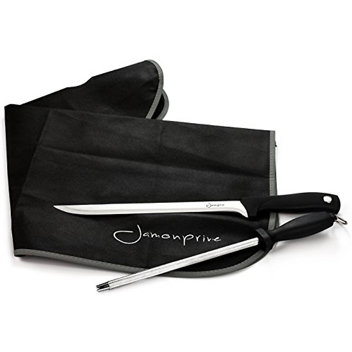 Ham Carving Knife with Honing Steel and Ham Cover - Professional Set for Slicing Serrano, Ibérico Ham & Italian Prosciutto