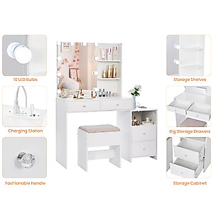 ANWBROAD Makeup Vanity Desk Vanity Set with LED Lighted Mirror Makeup Vanity Table Set with Charging Station Nightstand 3 Colors Modes Dimming Cushioned Stool (Crystalline Handles) UBDT13W