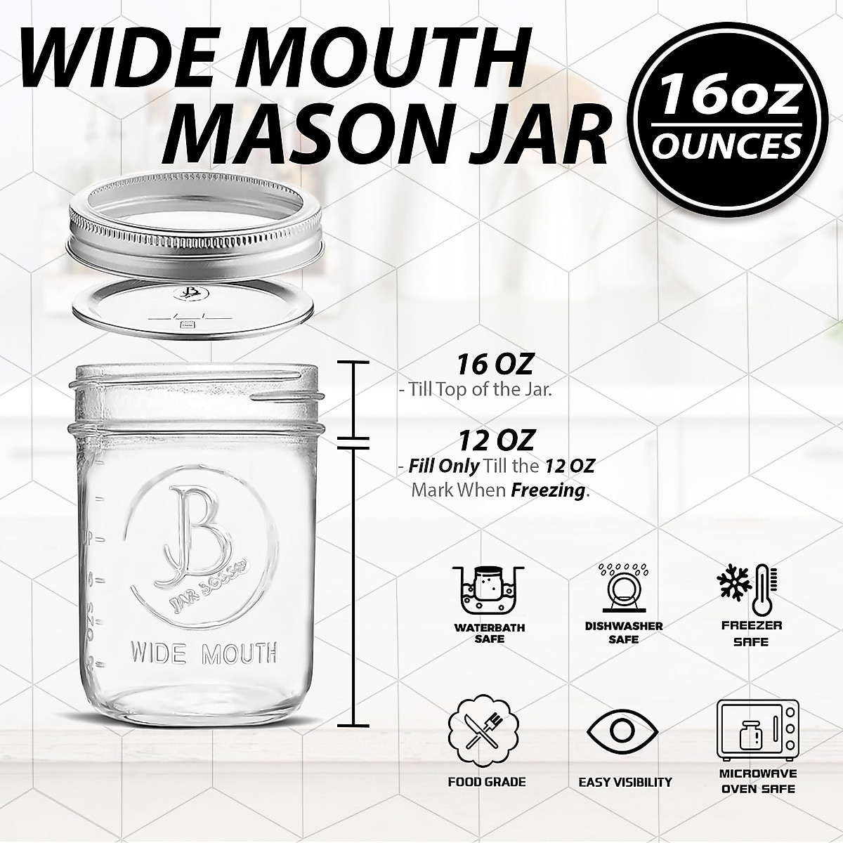 Wide Mouth Mason Jars 16 oz - (6 Pack) - Clear Glass Pint Mason Jars With Airtight Lids and Bands. For Storage, Canning, Fermenting, Meal Prep, Overnight Oats, Freezing, Microwave & Dishwasher Safe