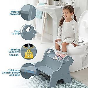 Jemyda 2 Step Stool for Kids, Toddler Step Stool for Bathroom Sink, Non-Slip Kid Stool for Toilet Potty Training, Durable Sturdy Step Stool for Kitchen (Grey Dog)