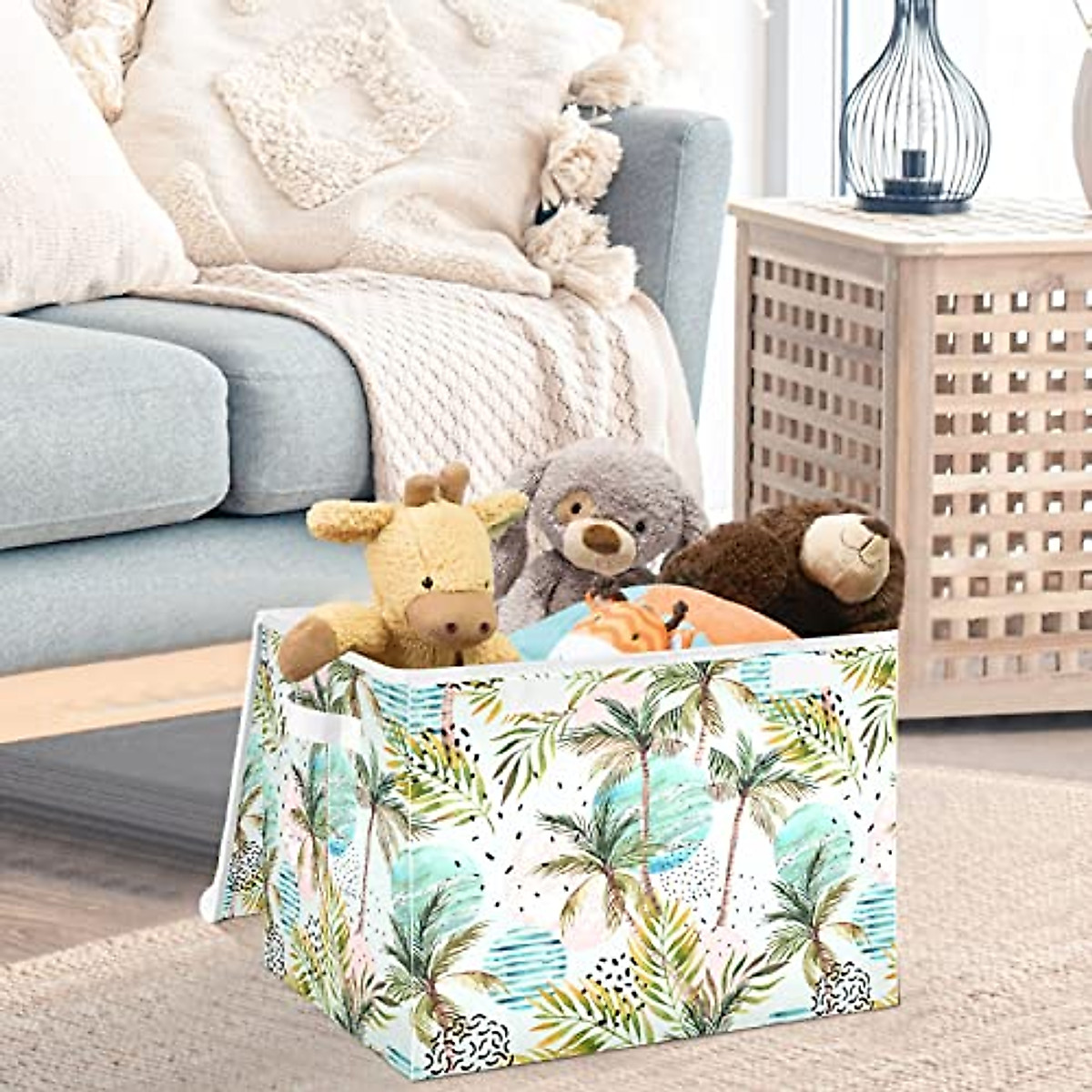 CaTaKu Geometric Palm Tree Storage Bins with Lids Fabric Large Storage Container Cube Basket with Handle Decorative Storage Boxes for Organizing Clothes Shelves