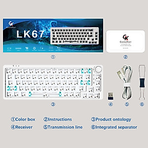 GK GAMAKAY LK67 65% RGB Modular DIY Mechanical Keyboard, 67 Keys Hot Swappable 3pin/5pin Switch, Programmable Triple Mode Bluetooth 5.0/USB-C Wired/2.4GHz Wireless Customized Keyboard Kit (White)