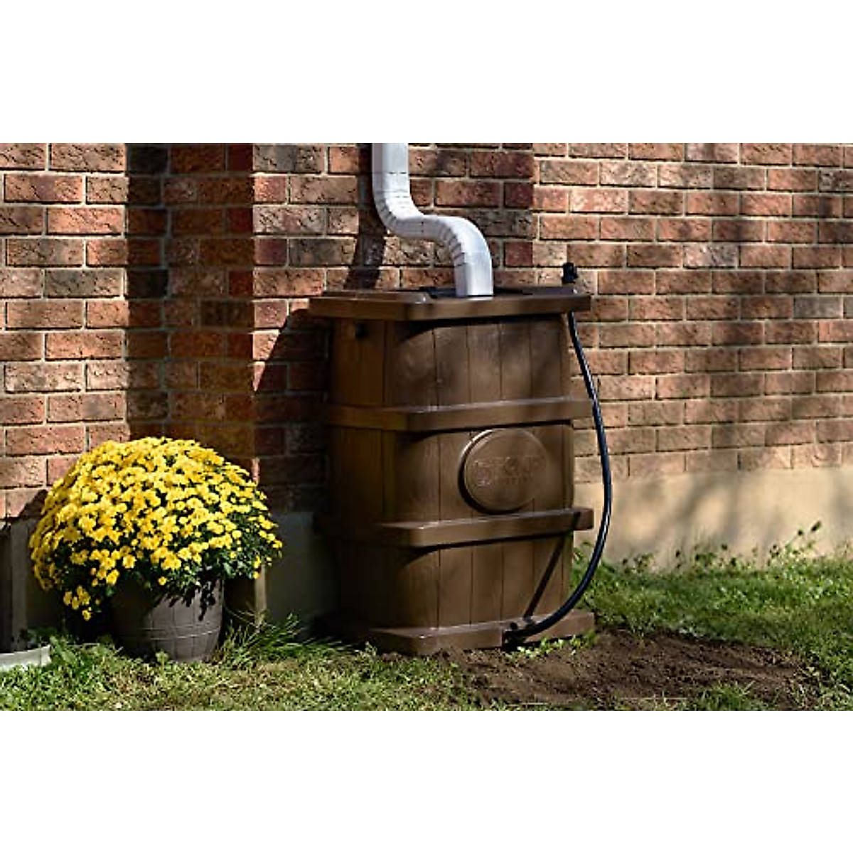 FCMP Outdoor Wood Grain 45-Gallon Rain Barrel - Water Rain Catcher Barrel with Flat Back for Watering Outdoor Plants, Gardens, and Landscapes, Brown
