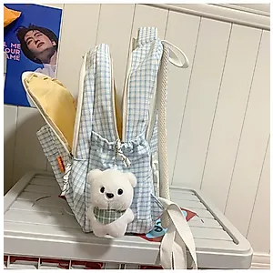 MOVEIF Striped Canvas Backpack with Cute Accessories Lightweight Shoulder Bag Casual Travel Daypack (Pink)