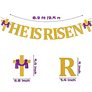 MALLMALL6 HE IS RISEN Banner Easter Party Decorations Religious Holiday Supplies Pre-Strung Glittery Sign Cross Patterns Ready to Hang Wall Art Jesus Faith Photo Props for Outdoor Church Fireplace